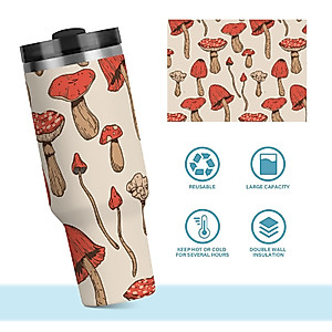 Yasala Car Tumbler with Handle Mushroom Nature Botanic Travel Mug Coffee Cup Insulated Beverage Container Mega Cup for Hot Cold Drinking Thermos Water Bottle Cupholder Friendly 40 oz