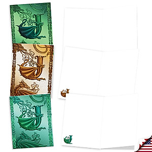 The Best Card Company - 20 Assorted Colored Monogram Blank Notecards, Personal Stationary Bulk Box Set 4 x 5.12 Inch w/Envelopes, Miss you and Just Because Notes - Dragon Initials J AM10319OCB-B2x10