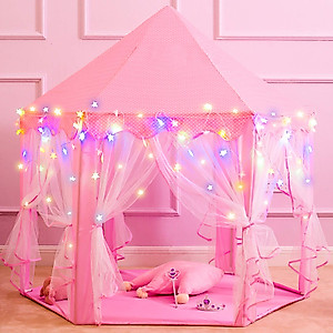 Princess Tent Girls Large Playhouse Kids Castle Play Tent with Star Lights, Bonus Princess Tiara and Wand Toy for Children Indoor & Outdoor Games, 55" x 53" Gifts Age 3+