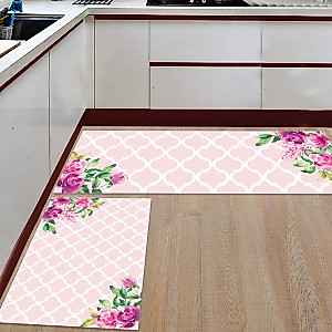 Kitchen Rug Sets 2 Piece Pink Morocco Pattern Non Slip Anti Fatigue Floor Mats Blooming Flowers Spring Comfort Soft Absorb Cushioned Standing Doormat Runner Rugs (15.7x23.6+15.7x47.2 inch)