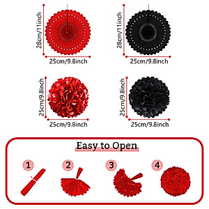 Recosis Red and Black Party Decorations, Papar Fans Pompoms Fans Garlands for Birthday Wedding Graduation Game Night Boy Girl Party Decorations