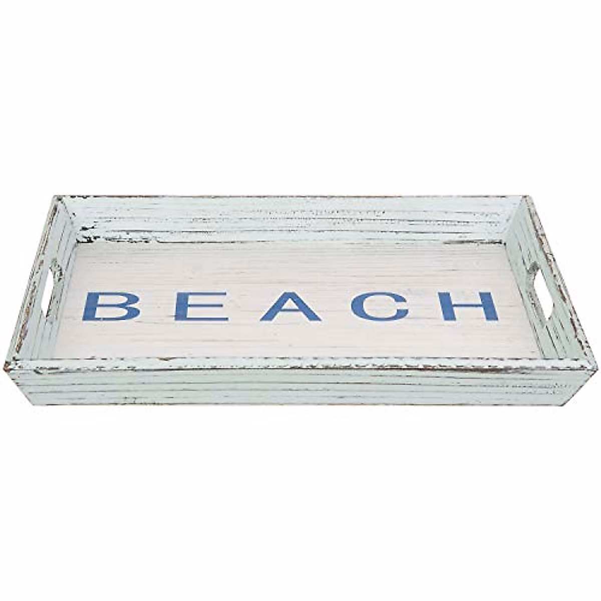 MyGift 16-inch Beach Theme Wooden Large Serving Tray with Handles, Decorative Whitewashed Blue Ottoman Tray for Living Room