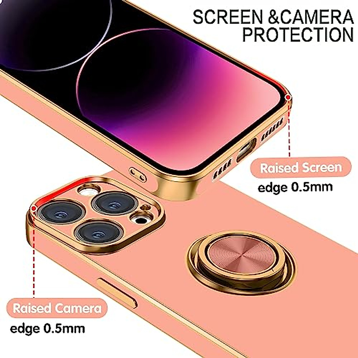 BENTOBEN for iPhone 14 Pro Max Case, Slim Lightweight 360° Ring Holder Kickstand Support Car Mount Shockproof Women Men Non-Slip Protective Case for iPhone 14 Pro Max 6.7", Sand Pink