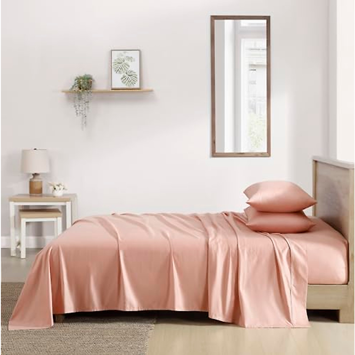 Brielle Home 400 Thread Count Sheets Solid 100% Cotton Cooling Hotel Quality with Deep Pockets Sateen Sheet Set 4 Pieces, King, Rose