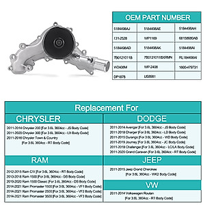 AULINK AW6169 Water Pump With Gasket (Engine 3.6L) OE Replacement For Chrysler 200 300 Town & Country,Dodge Avenger Challenger Charger Durango Journey,Jeep Grand Cherokee,Ram 1500