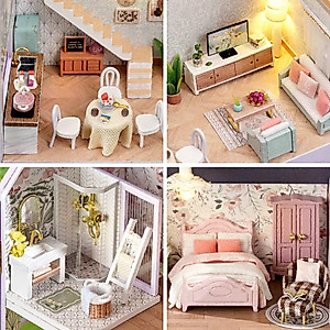 Spilay Dollhouse DIY Miniature Wooden Furniture Kit,Mini Handmade Doll House with LED,1:24 Scale Creative Woodcrafts Toys for Adult Friend Lover Birthday Gift D32