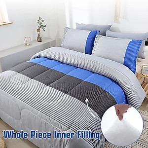 PERFEMET Blue Striped Comforter Set Twin Size - (1 Twin XL Comforter, 2 Pillowcases), Super Soft Lightweight Patchwork Bedding Set, Reversible Down Alternative Comforter Set for Teens Boys Girls