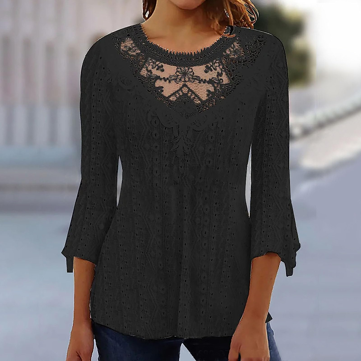 Womens Tops 3/4 Length Sleeve Solid Color Lace Patchwork Tee Blouse Crewneck Empire Waist Dressy Casual Tunics Womens Long Sleeve Tops Casual Black M