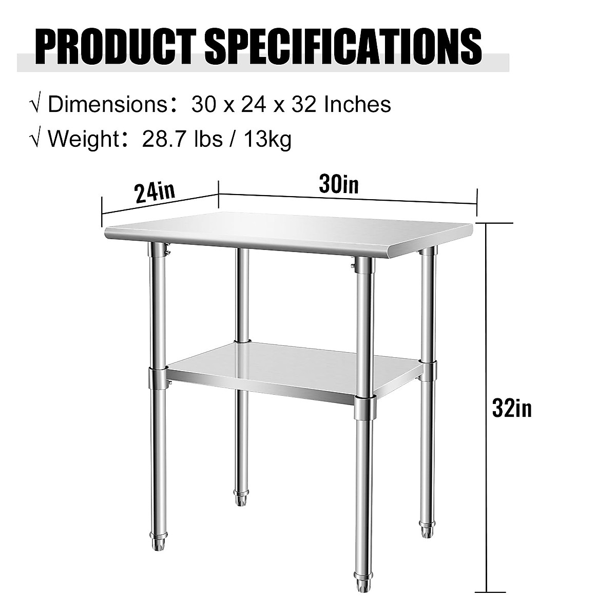 KODOM Food Prep Stainless Steel Table 30" x 24", Heavy Duty Workbench with Adjustable Under Shelf, Commercial Worktable for Kitchen, Restaurant, Home and Hotel