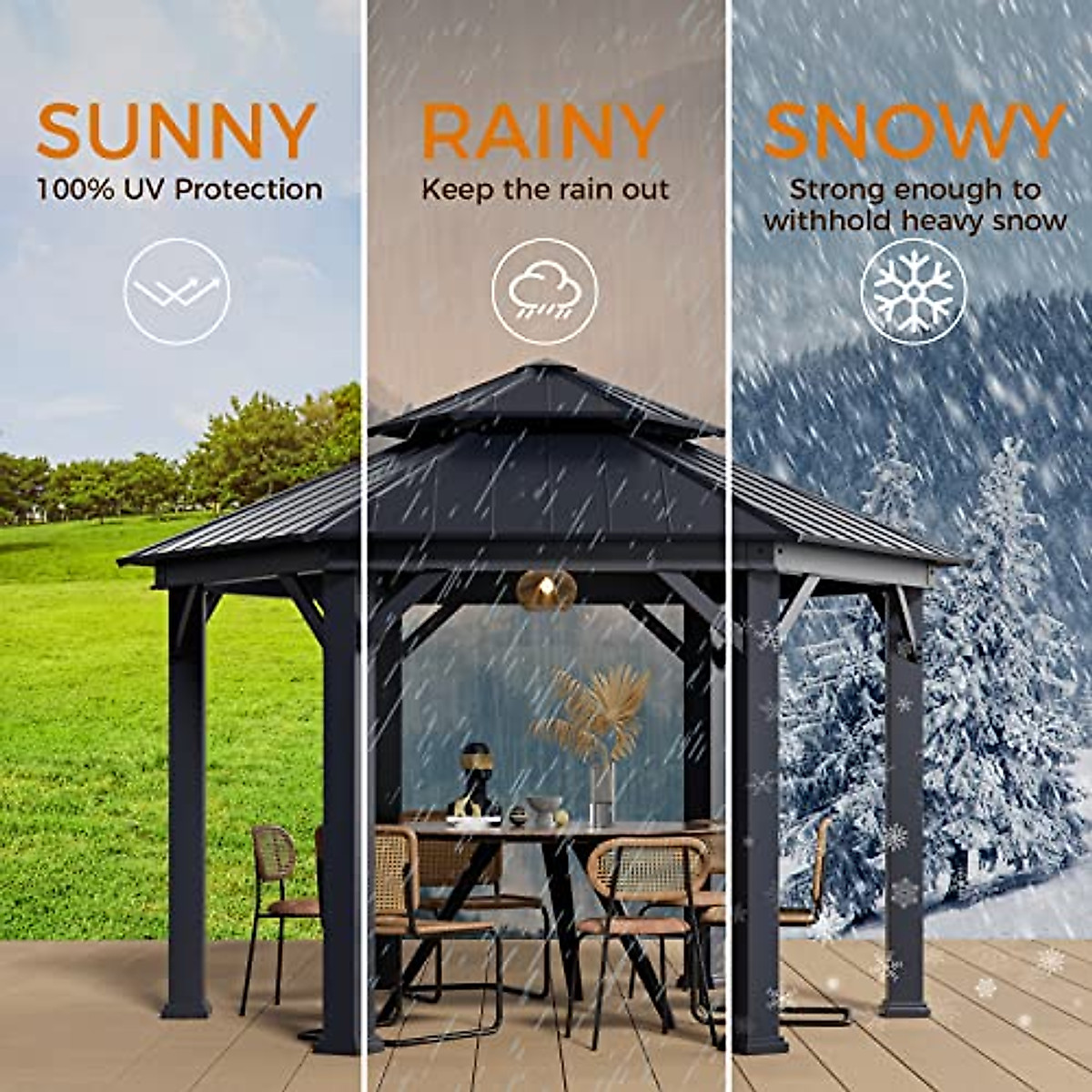 Erinnyees 15' x 15' Hardtop Gazebo, Hexagonal Gazebo with Galvanized Steel Double Roof, Aluminum Frame, Patio Gazebo for Deck, Backyard, Patio, Lawns