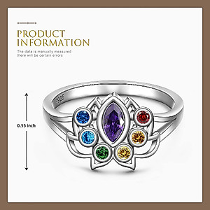 Talonior Lotus 7 Chakra Ring for Women Yoga Lotus Flower Chakra Rings Sterling Silver 925 CZ Healing Crystal Stone Protection Anxiety Relief Jewelry Christmas Gifts Size 7