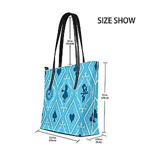 Kuizee Tote Handbag Shoulder Bags Zipper ﻿Wonderland Blue Big Capacity PU Leather Decoration Casual School Shopping Fashion 15.7In