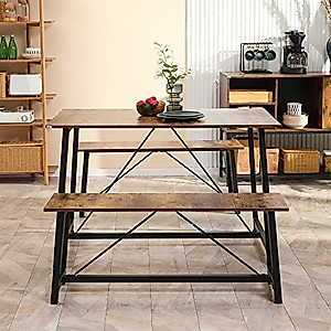 HOMCOM Industrial 3-Piece Dining Table Set, Rectangular Kitchen Table and Chairs for 4 People, Space-Saving Dinner Table with Two Benches, Rustic Brown