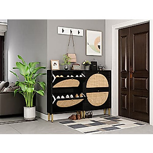 Pvillez Natural Rattan Shoe Cabinet, Modern Free Standing Shoe Racks Storage Cabinet with 2 Flip Drawers and Storage Shelves, Narrow Shoe Rack Cabinet for Entryway, Hallway, Bedroom, Black
