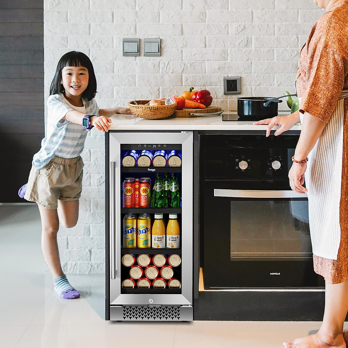 Yeego 15inch Beverage Refrigerator and Beer Fridge Under Counter Built-in or Freestanding,80 Cans Beverage Cooler with Glass Door and Lock for Bottles and Cans Beer/Soda/Water, YEG-BS15