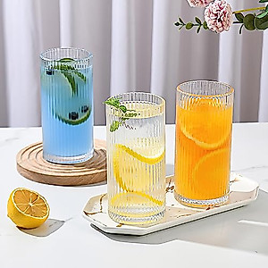 ZMOWIPDL Ribbed Glassware Vintage Drinking Glasses with Straws Set of 6,Clear Fluted Ripple Glass Cups 12.5oz,Ribbed Iced Coffee Cups for Cocktail, Whiskey, Beer, Juice, Water