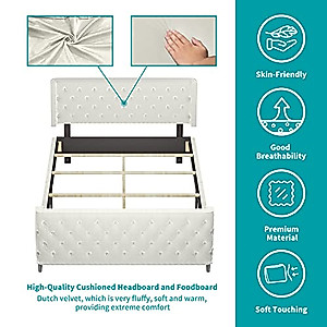 BALUS Upholstered Platform Bed Frame, Queen Size Button Tufted Bed Frame with Adjustable Headboard, Sturdy Wood Slat Support/No Box Spring Needed/Easy Assembly, Bright White