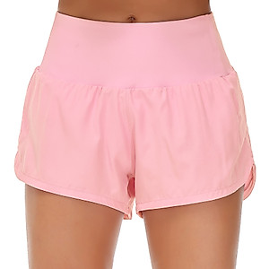 Origiwish Women's High Waisted Running Shorts with Liner Quick Dry Athletic Workout Shorts Zipper Pockets (Medium, Pink)