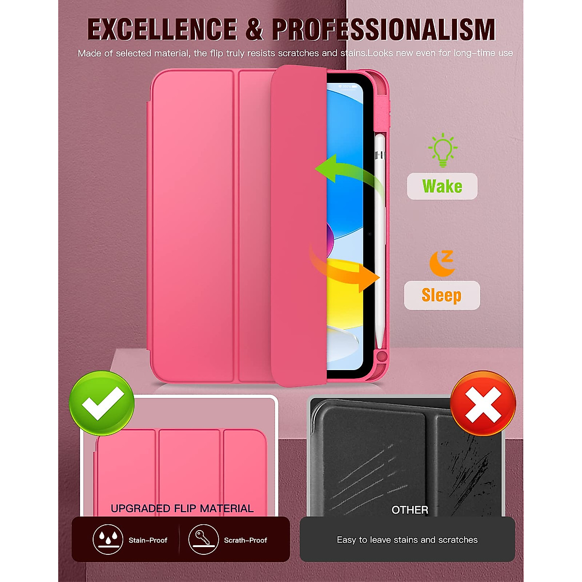 TiMOVO Case for iPad 10th Generation with Pencil Holder iPad 10.9 Inch Case 2022, iPad Case 10th Generation Hybrid Slim Tri-fold Stand Protective Cover with Clear Back for iPad 10, Watermelon Pink