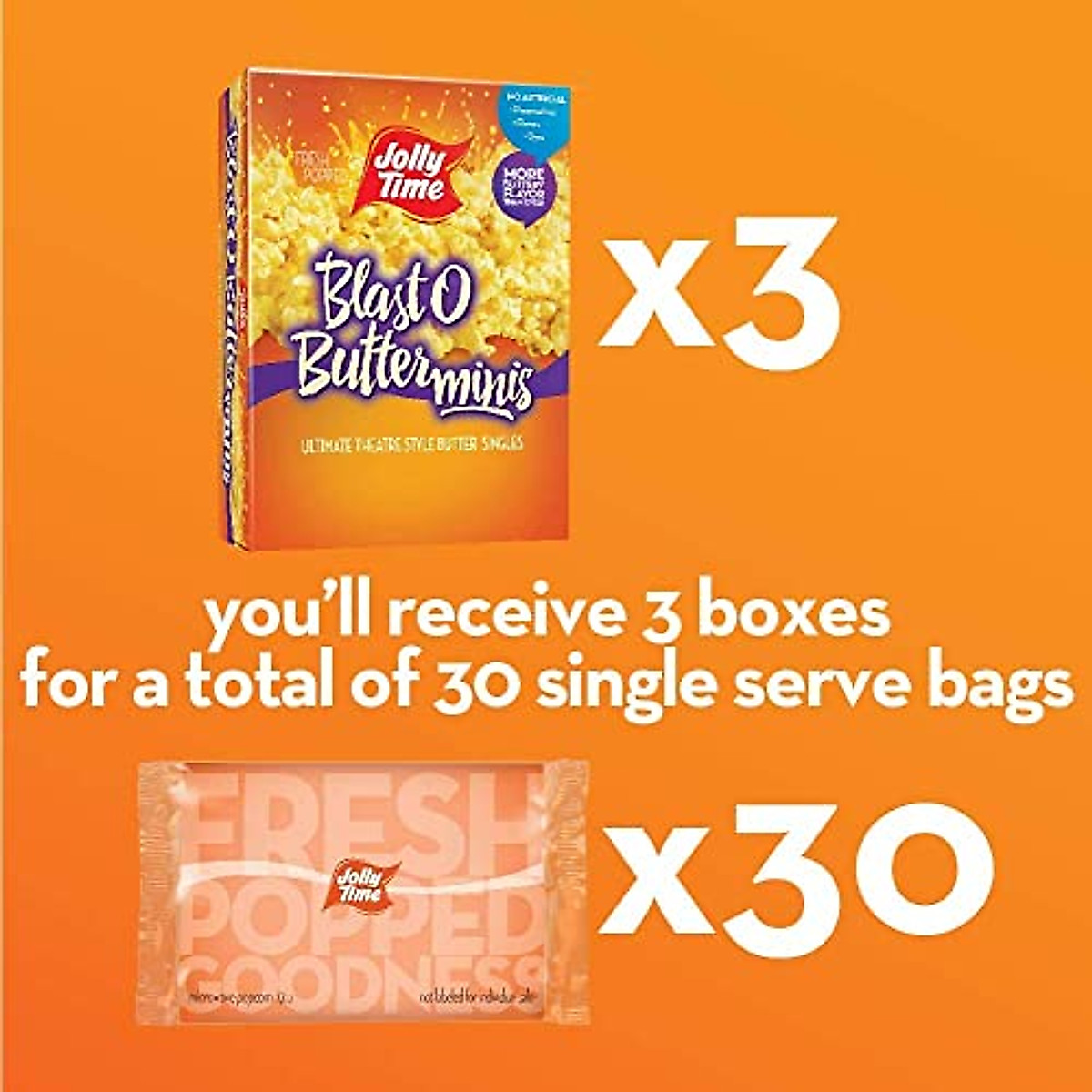 Jolly Time Blast O Butter, Ultimate Movie Theater Butter Microwave Popcorn (Blast O Butter Minis, 1.5 Ounce (Pack of 30))