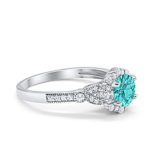 Blue Apple Co. Simulated Paraiba Tourmaline CZ Size-8 Floral Art Deco Halo Engagement Wedding Ring Round Simulated Cubic Zirconia 925 Sterling Silver