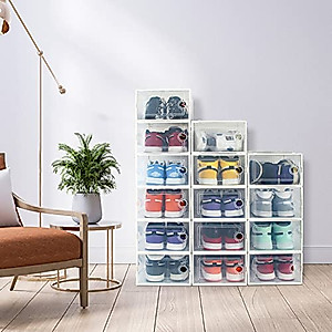 Hrrsaki 15 Pack Shoe Organizers Storage Boxes for Closet, Clear Plastic Stackable Shoe Containers with Front Opening Lids, Ventilation and Dust-proof, Under Bed Shoe Storage for Entryway, Drop Front, Cubby, Fit for Women/Men Size 9(13” x 9” x 5.5”), White