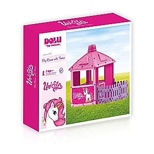 DOLU : City Playhouse with Fence - Unicorn, Pink - Indoor & Outdoor Use, 53" High, Durable Waterproof Plastic, Toddlers & Kids Ages 2+