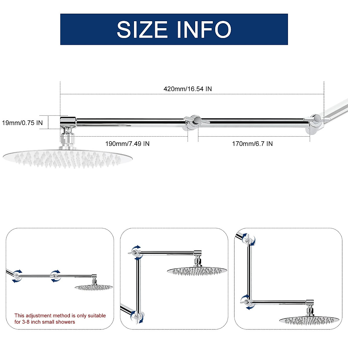 NearMoon Adjustable Shower Arm, Shower Extension Arm Universal Connection, Rise or Lower Shower Head, Adjust Height/Angle to Upgrade Shower Experience, Anti-Leak, 16 Inch (Chrome)
