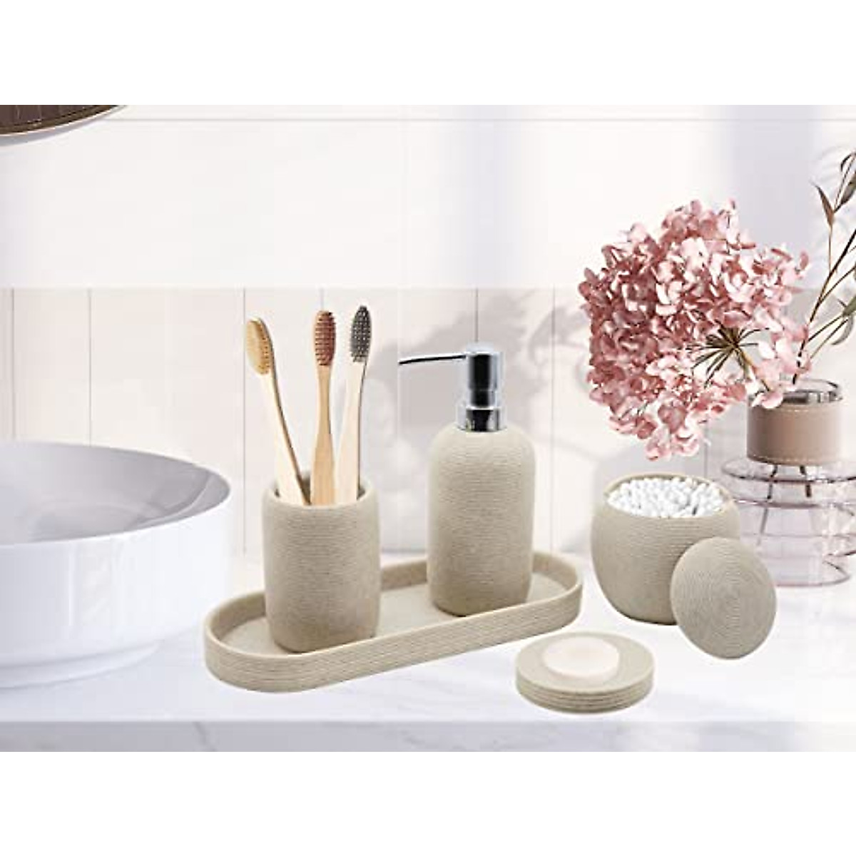 Resin Bathroom Accessories Set, 5 Pcs Heavy & Sturdy Matte Beige Bathroom Accessory Set with Soap Dispenser,Soap Dish,Toothbrush Holder,Tray,Cotton Jar, Classy Bathroom Decor and Gift Set