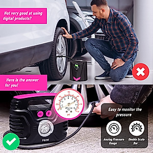 electric air compressor portable tire inflator with analog Pressure Gauge air pump for car tires 12V 110V tire pump for car bike balls & more Easy to use ideal for cool women and adults