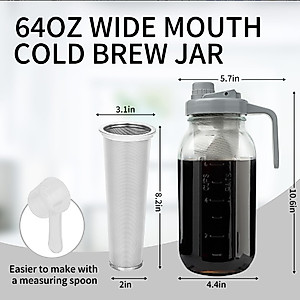 BTWD Cold Brew Coffee Maker, 64oz Glass Mason Jar Pitcher Iced Tea Maker Wide Mouth Spout Lid Airtight with Handle Stainless Steel Filter for Iced Coffee, Ice Lemonade, Fruit Drinks, with Spoon/Brush