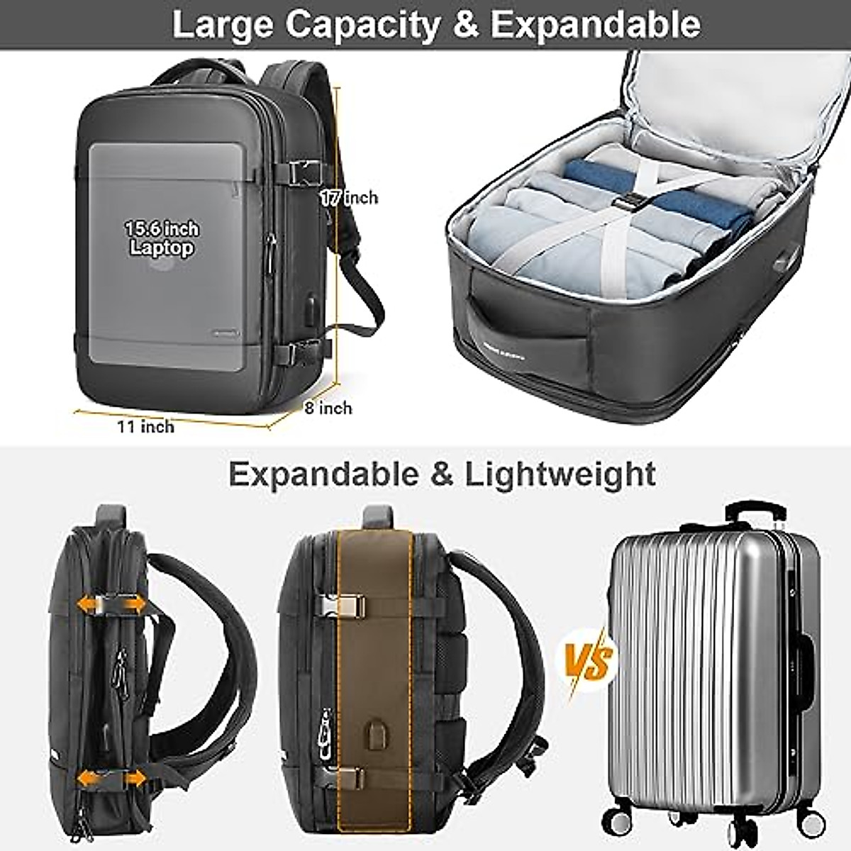 Carry On Backpack Flight Approved,Travel Backpack for Men Women with USB Charging Port Shoe Compartment,Waterproof Anti-theft 15.6 inch Laptop Backapck Computer Bag Business Causal Weekender Backpack
