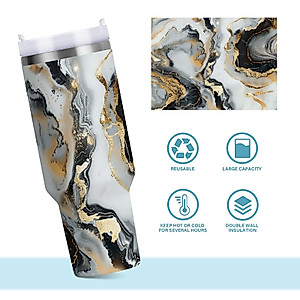 ALAZA Marble Black & Gold 40 oz Tumbler Stainless Steel Water Bottle Vacuum Insulated Cup with Straw Lid & Handle For Travel Car Cup Holder
