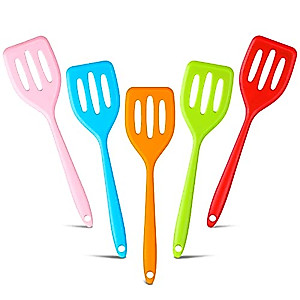 Romooa 5 Pack Small Silicone Turner High Heat Resistant Slotted Spatula Silicone Spatula Turner Slotted Fish Turner Set Flipper Mini Serving Spatula for Cooking (Red, Blue, Green, Orange, Pink)