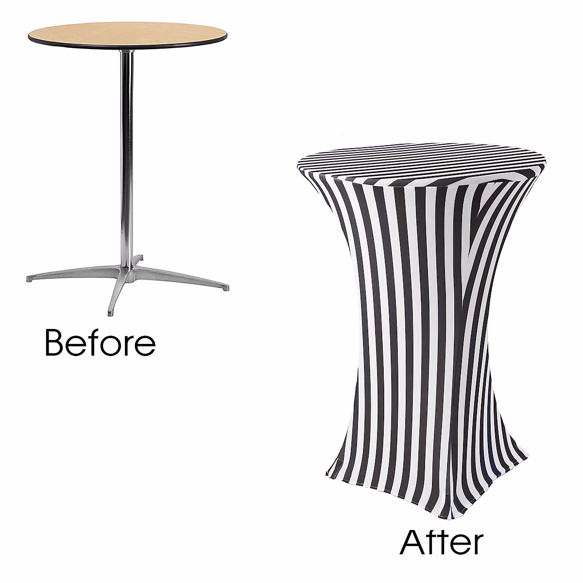 YOUR CHAIR COVERS - 30" D x 42" H Highboy Cocktail Round Stretch Spandex Table Cover - Black and White Striped, Fitted Elastic Tablecloth for Round Tables, Outdoor Party DJ Tradeshow Vendor Wedding