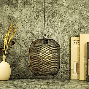 TRIROCKS Battery Operated Hanging Lamp 8.5'' High Metal Mesh Lanterns with Warm Fairy Lights Bulb Perfect for Christmas Home Living Room Garden Patio Parties Events Tabletop Indoors Outdoors (Black)