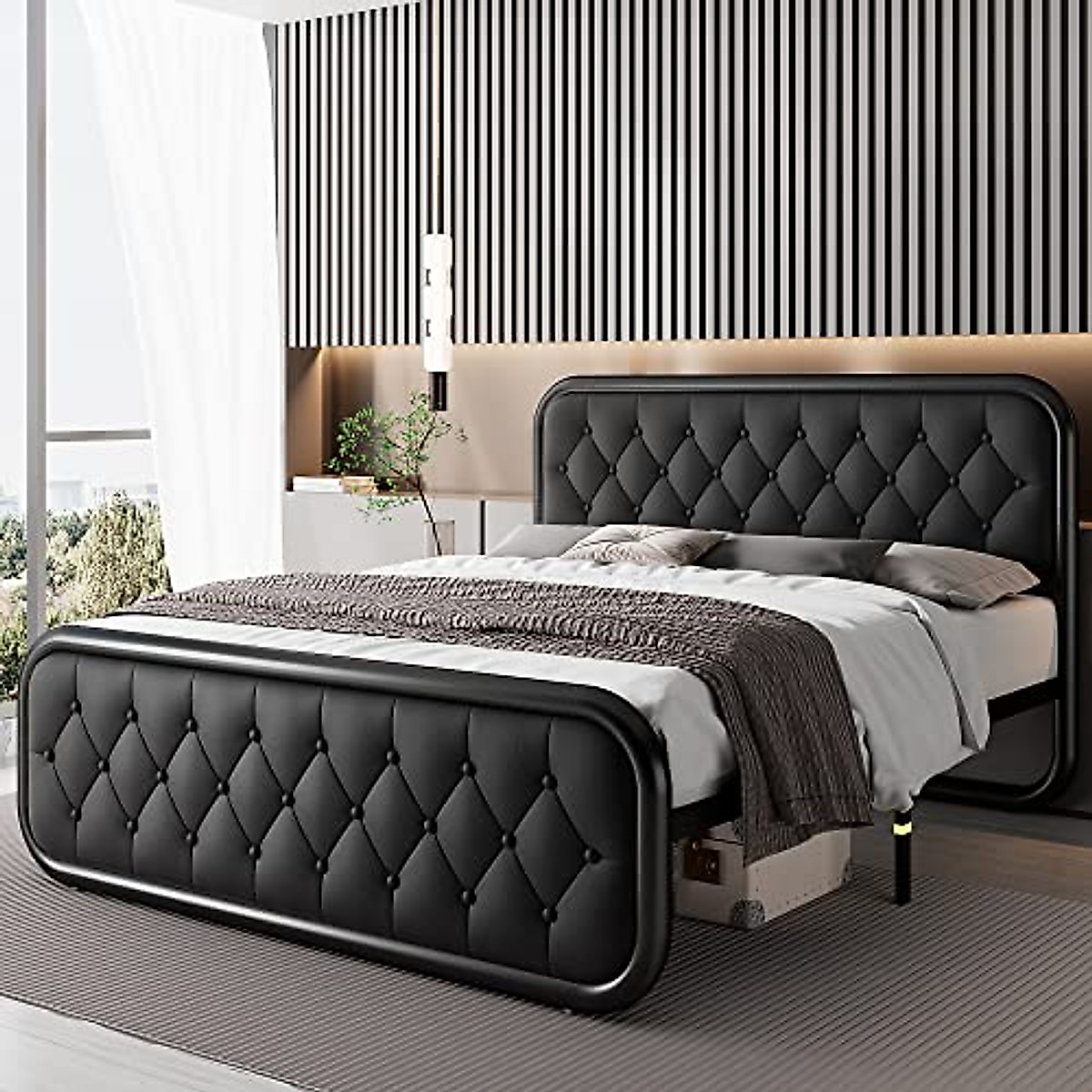 Feonase Full Size Curved Metal Platform Bed Frame with Faux Leather Headboard, Heavy Duty Bed Frame with Rhombus Button Tufted Footboard, 1000 lbs Weight Capacity, Noise-Free, Easy Assembly, Black