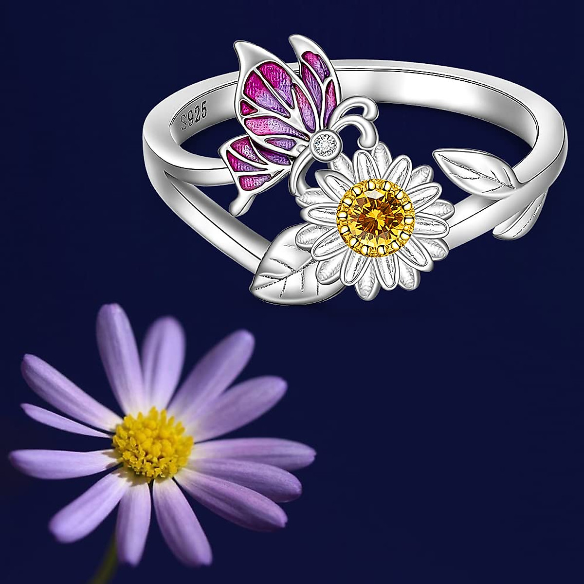 Fenthring Daisy Ring Butterfly Gifts for Women Flower Jewelry Sunflower Sterling Silver Engagement Dainty Cubic Zirconia Cute Rings Size 7