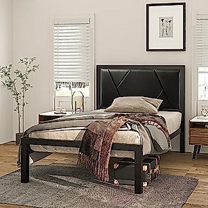 MUTICOR Twin Size Bed Frame with Geometric Leather Headboard, Heavy Duty Metal Platform Bed with Strong Metal Support, Ample Underbed Storage, No Box Spring Needed, Easy Assembly, Noise Free