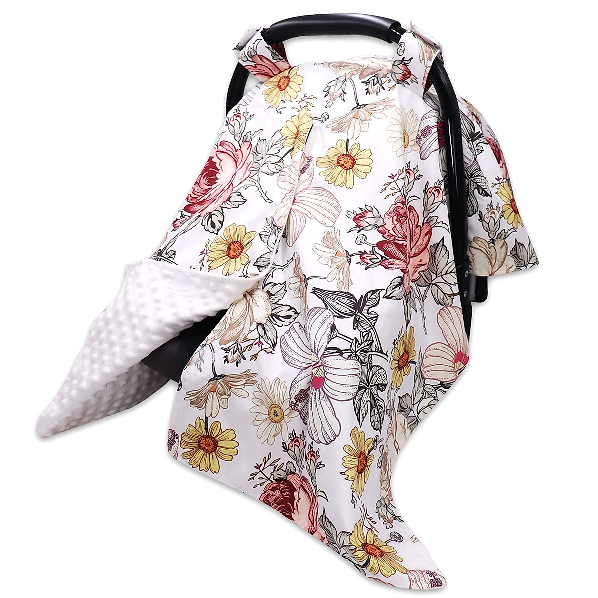 Floral Baby Car Seat Canopy Soft Minky Plush Dotted Backing Baby Car Seat Cover Girls,Floral Baby Poncho for Girls, Toddler Minky Wear Hooded Warm Winter Outerwear Capes Poncho Coat With Zipper