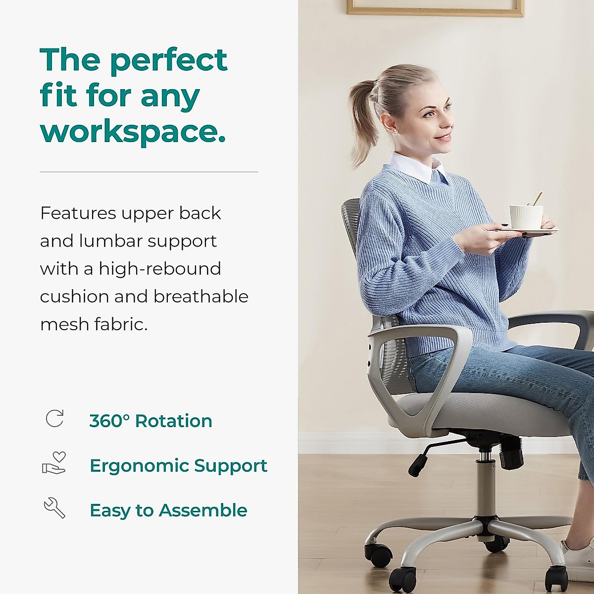 Ergonomic Office Chair, Home Desk Mesh Chair with Fixed Armrest, Executive Computer Chair with Soft Foam Seat Cushion and Lumbar Support
