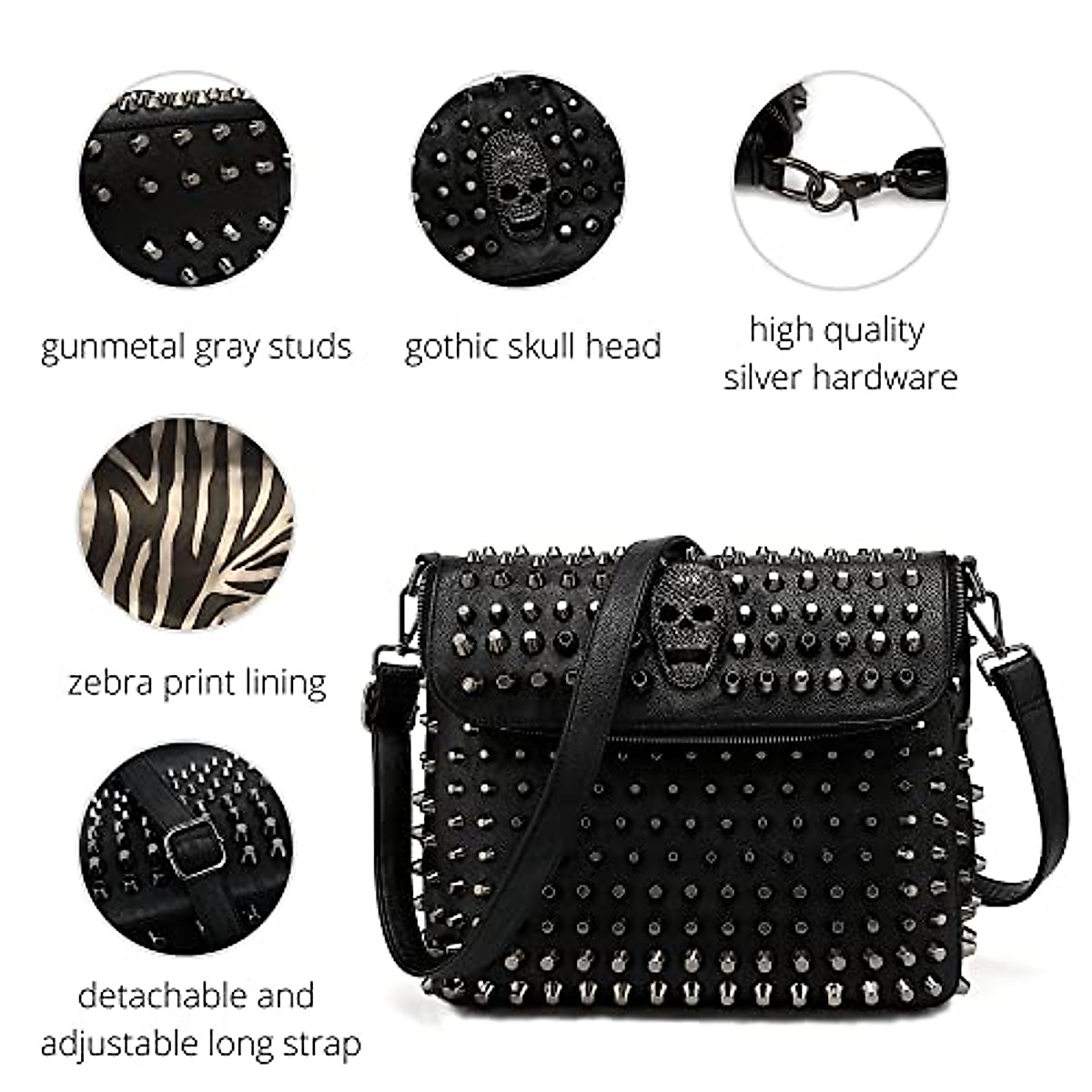 Scarleton Studded Skull Bag for Women, Vegan Leather Gothic Punk Rock Rivet Shoulder Bag, Classic Black Crossbody Handbag - Adjustable Strap Sling H141701