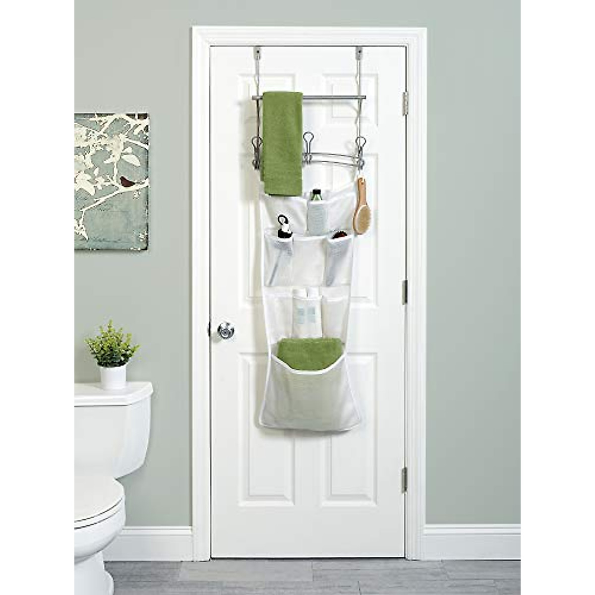 Zenna Home Bar, Satin Nickel SnugFit Over-The-Door-Towel Rack with Mesh Pocket-Storage