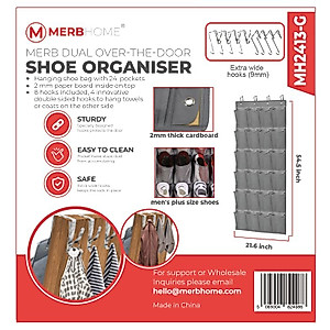 MERB HOME door Shoe Storage Organizer with 24 large pockets! 8 hooks included! 4 regular hooks and four special double-sided hooks for hanging coats or towels on the other side - Foldable Organizer