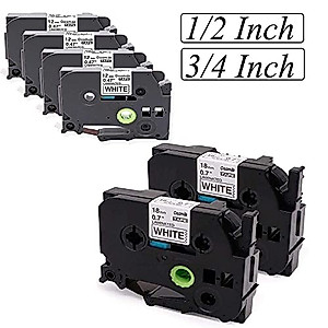 12mm 18mm Black on White Label Tape Set, Compatible with Brother P Touch Label Maker, 6 Pack