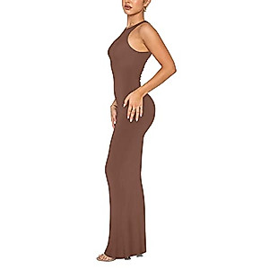 REORIA Women's Summer Sexy Casual Lounge Tank Long Dress Elegant Wedding Guest Sleeveless Halter Neck Bodycon Maxi Dresses Coffee Medium