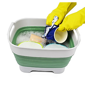 SAMMART 9L Collapsible Dishpan with Draining Plug - Foldable Washing Basin - Portable Dish Washing Tub - Space Saving Kitchen Storage Tray (Grey/Dark Sea Green, 1)