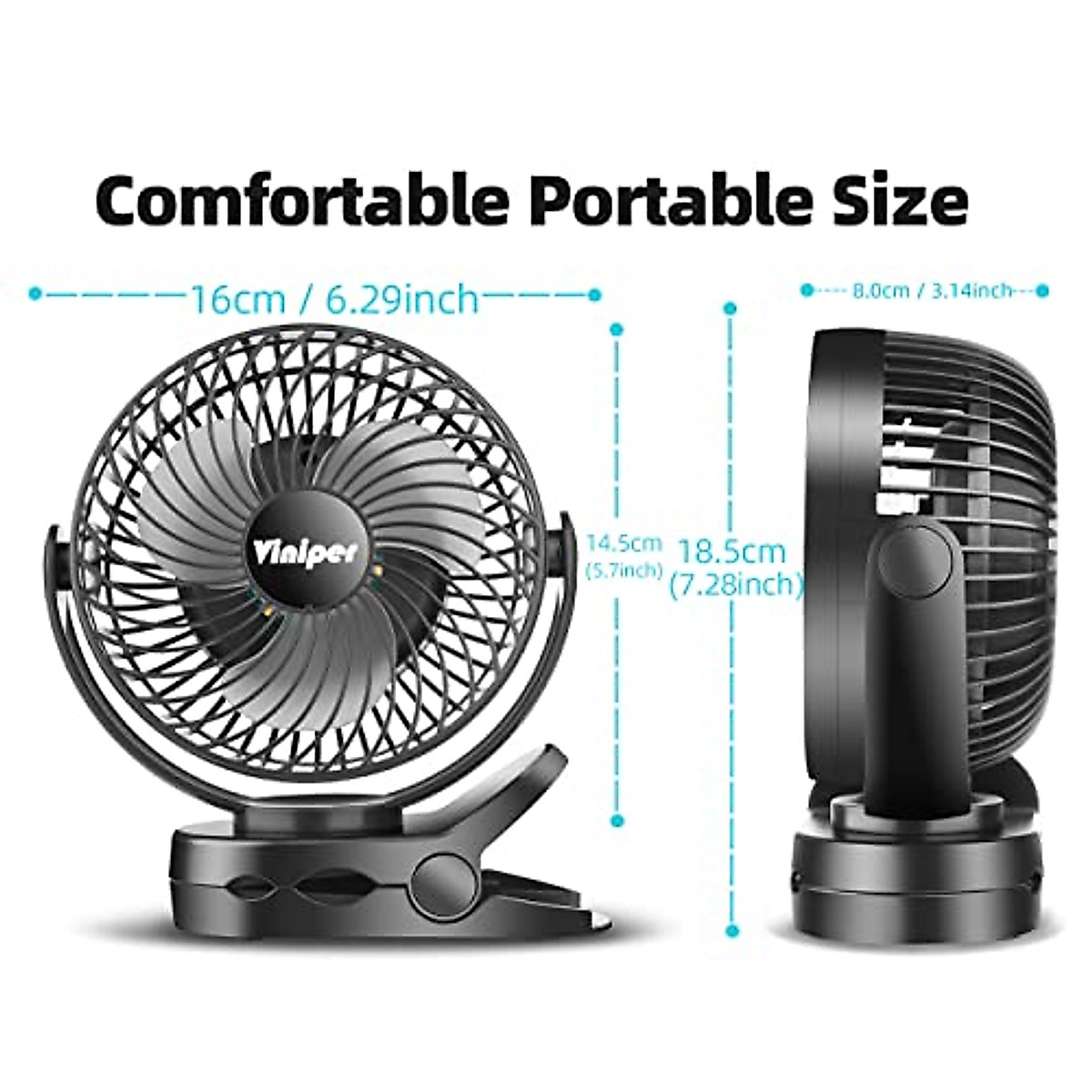 Viniper 6 inch Rechargeable Clip Fan with LED Light, 10000mah Battery Camping Hanging Fan : 360° Rotation, 3 Speeds, Also Use As Power Bank, Tent Personal Fan with Hanging Hook - Black