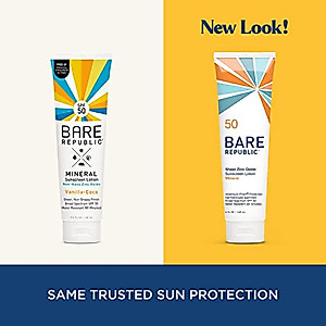 Bare Republic Sport Mineral Sunscreen SPF 50 Sunblock Body Lotion, Free of Chemical Actives, Vanilla Coco Scent, 5 Fl Oz.