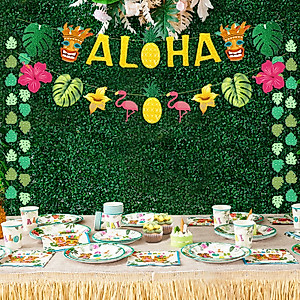 Hawaiian Aloha Party Decorations - Gold Glittery Aloha Banner for Hawaii Tropical Luau Themed Party Supplies